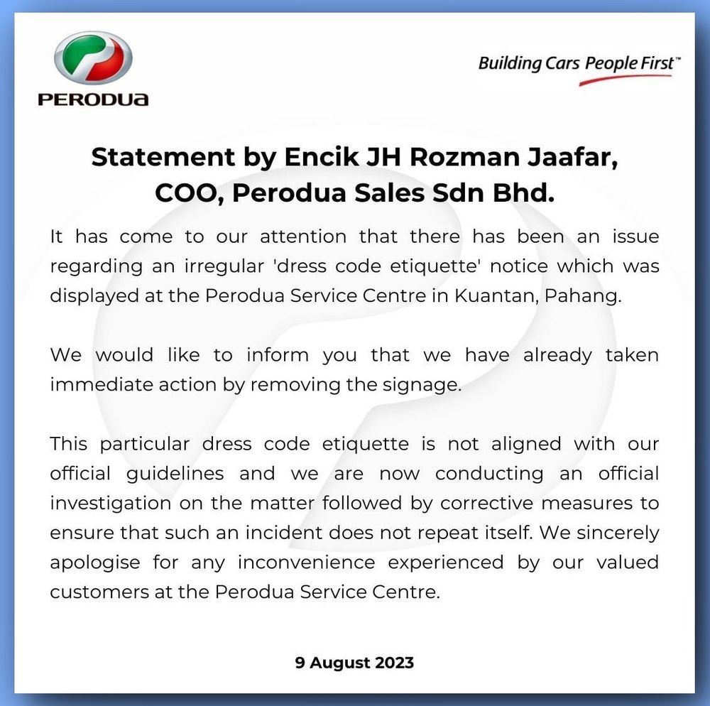 Perodua apologises for Kuantan Service Centre's 'dress code etiquette ...